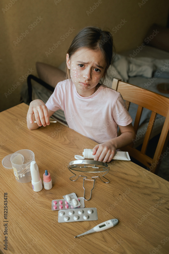 Teen girl with a rash on her face applies cream to her skin in front of ...