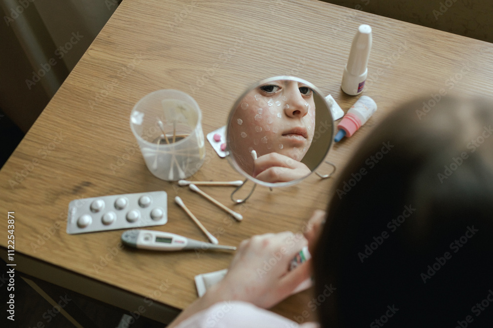 Teen girl with a rash on her face applies cream to her skin in front of ...
