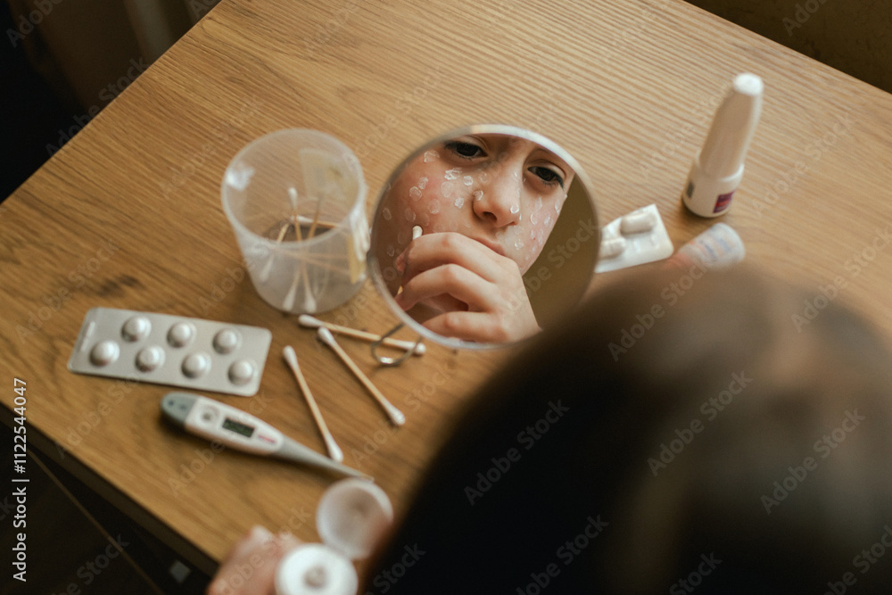 Teen girl with a rash on her face applies cream to her skin in front of ...