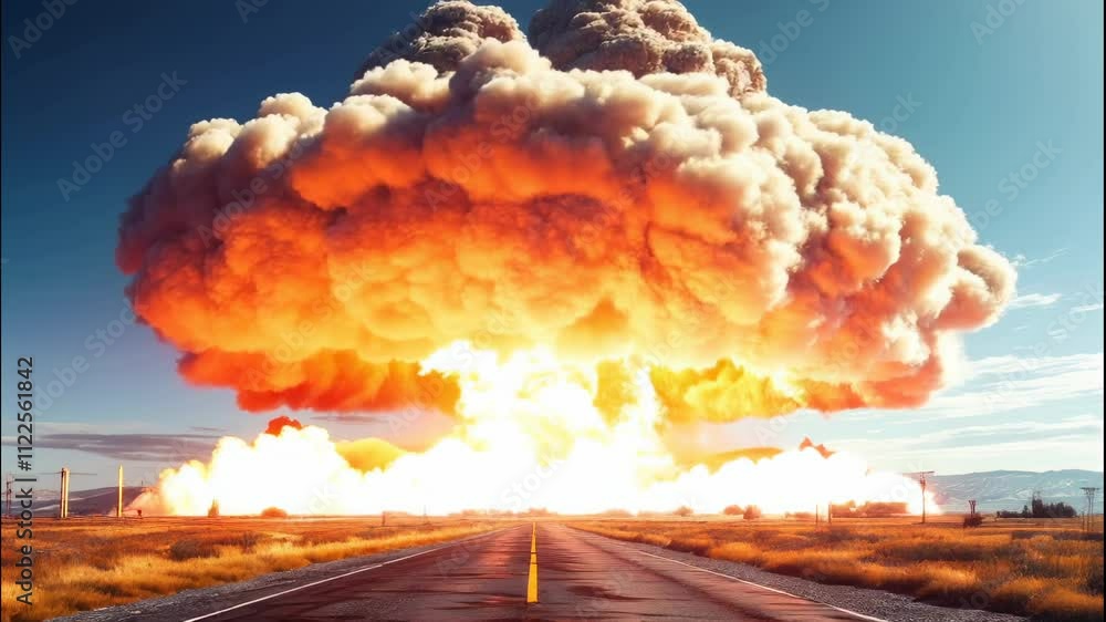 A large explosion occurs, creating a towering mushroom cloud that fills ...