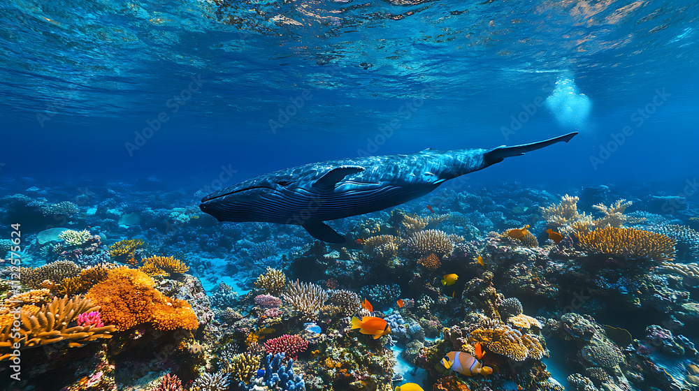 An underwater perspective of a blue whale gliding past coral reefs ...