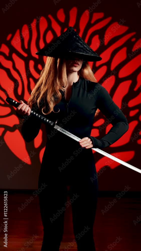 A woman in a black suit and sugegasa with a samurai sword poses against ...