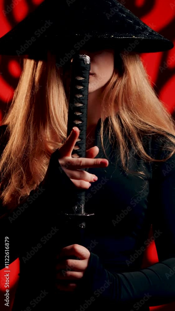A woman in a black suit and sugegasa with a samurai sword poses against ...