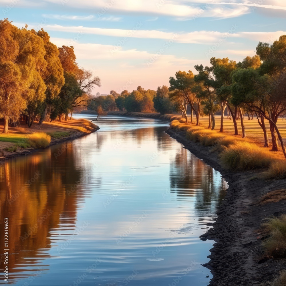 Levee on the shore of the sacramento river with trees and reflections ...