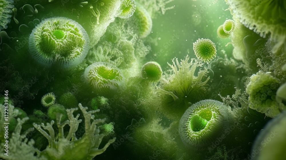 Close-up of zoomed-in microorganism algae under a microscope, detailed ...