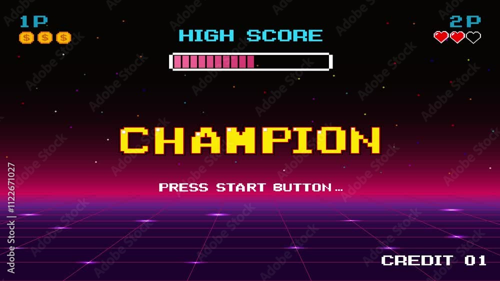 Synthwave wireframe with "Champion" text. Pixel art. 8-bit game. Retro ...