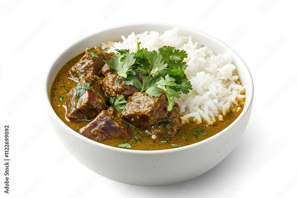 A bowl of Jamaican-style curry goat with tender, slow-cooked pieces of ...