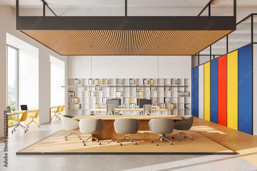 Modern coworking office with colorful accents, spacious layout, and ...