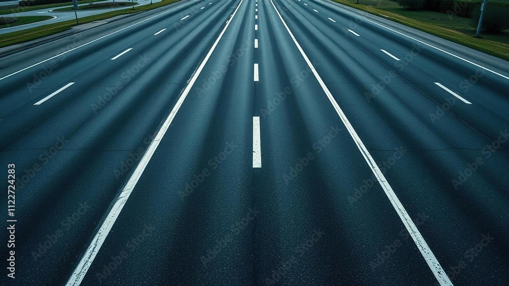 Wide-angle shot of black asphalt road with multiple lanes and white ...