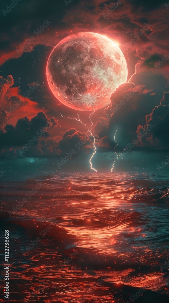 A stunning and apocalyptic scene of a dramatic crimson full moon rising ...