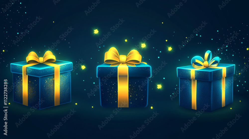 Closed and open blue gift boxes with yellow ribbon and bow for game ui ...