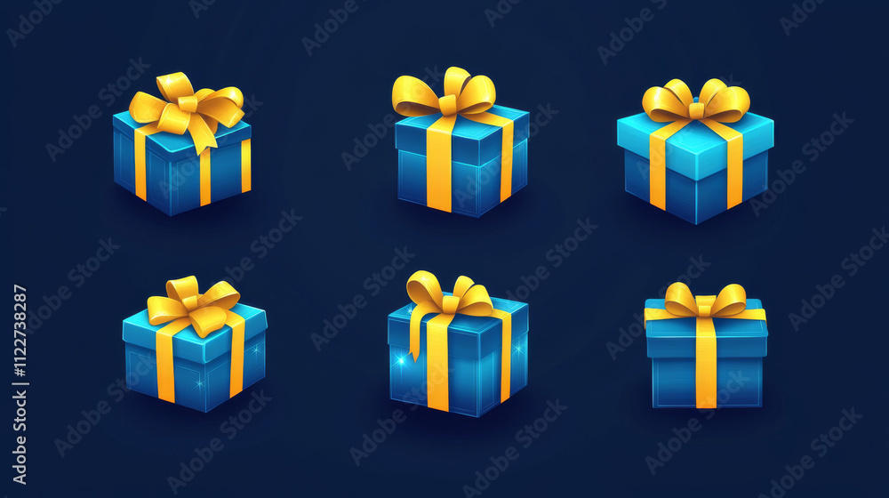 Closed and open blue gift boxes with yellow ribbon and bow for game ui ...