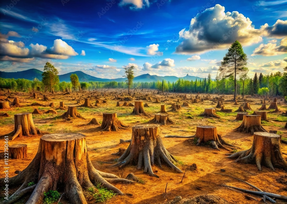 A stark portrait of deforestation showcasing severed tree stumps in a ...