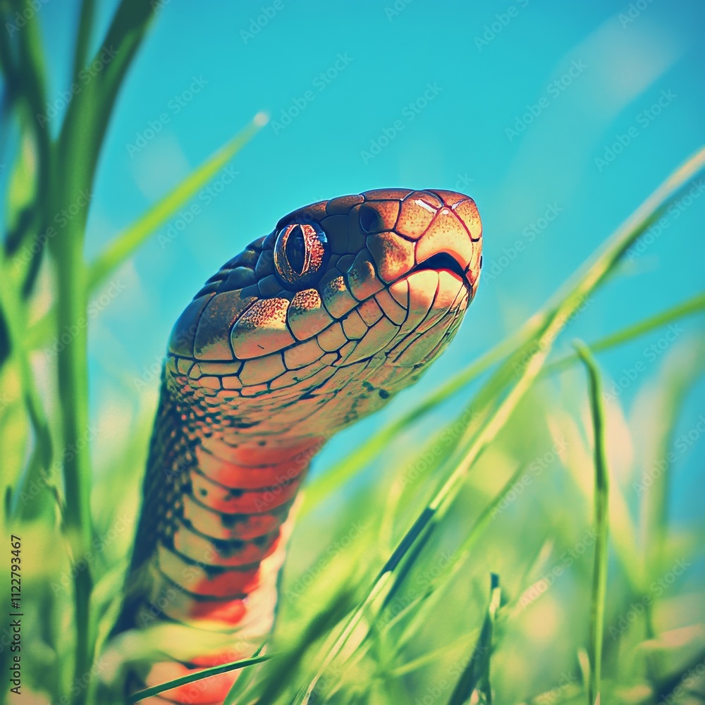 A tight shot of a formidable snake hidden in the grass. The agile ...