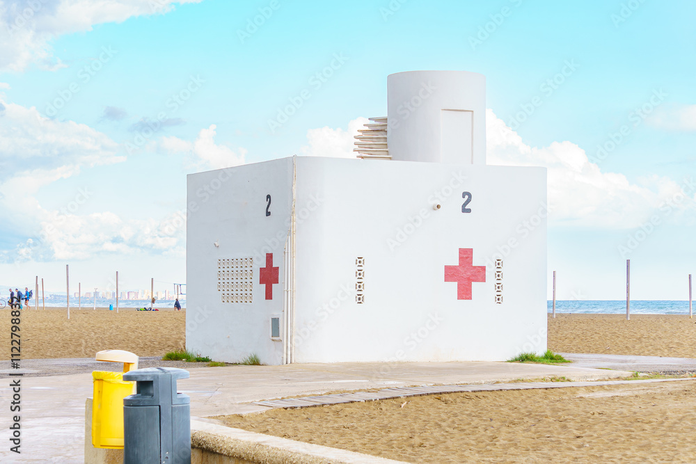 12/04/2024 Valencia, Spain. photograph of a lifeguard building on the ...