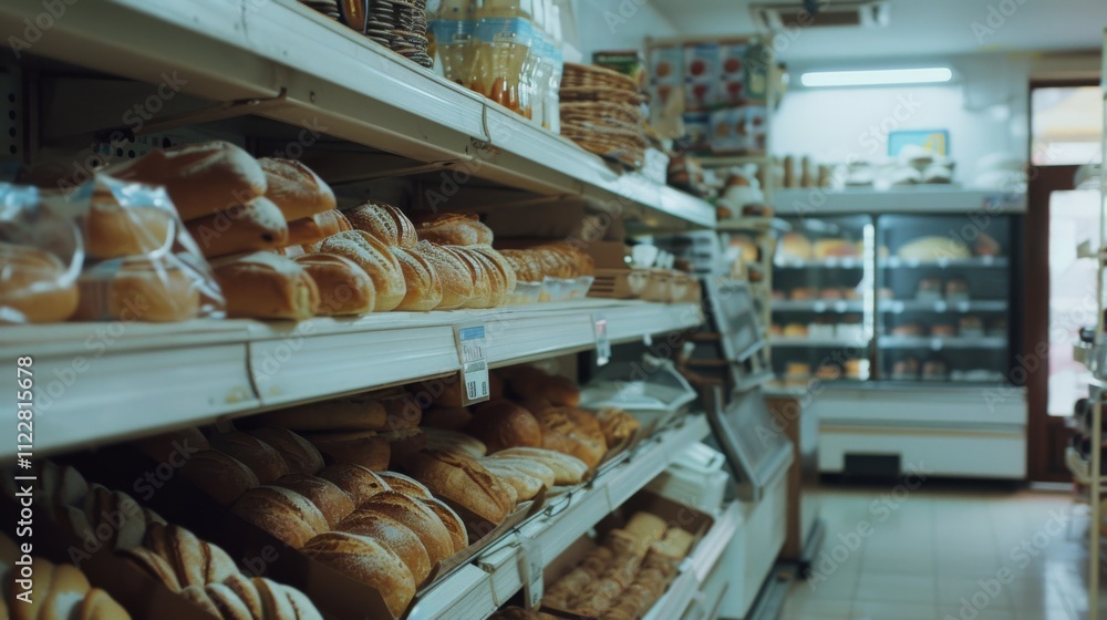 Rows of freshly baked bread line a cozy bakery, evoking warmth and ...