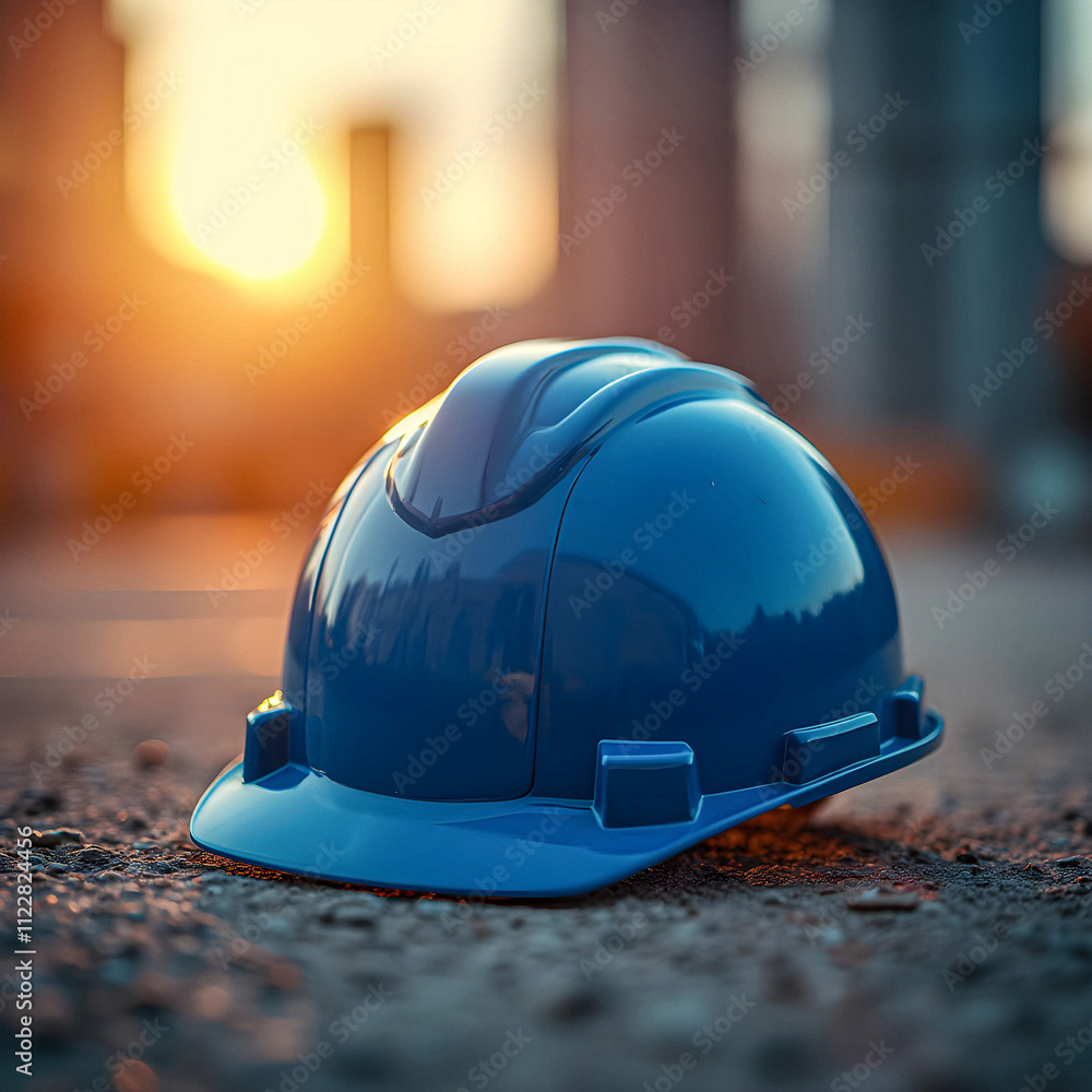 A blue safety helmet or hardhat for the construction worker which is ...