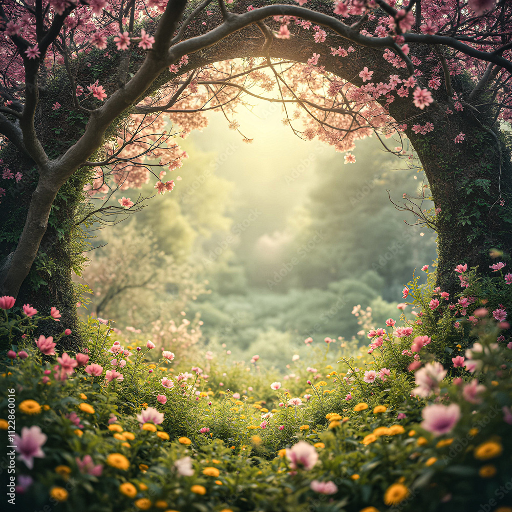 Beautiful enchanted landscape. Fantasy garden background. Magic meadow ...