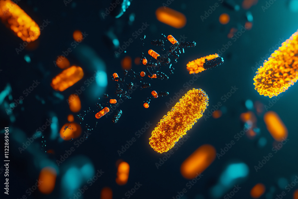 High-detail macro photography, close-up of bacteria and antibiotics ...