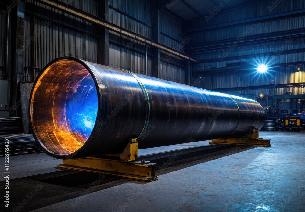 Large metallic industrial pipe resting on supports in a factory setting ...