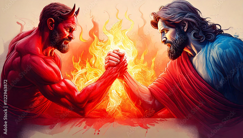 The image depicts the Devil and God engaged in an arm wrestling match ...