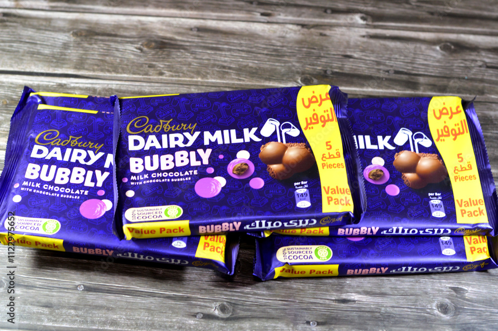 Cairo, Egypt, December 4 2024: Cadbury dairy milk bubbly milk chocolate ...