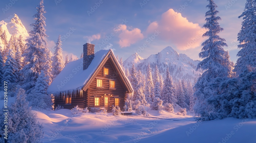 A cozy wooden cottage nestled in a snow-covered forest with warm light ...