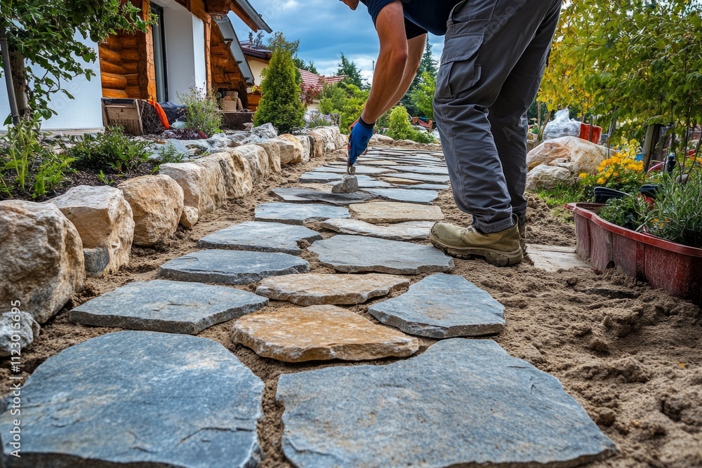 Construction worker building a garden path using large irregular ...
