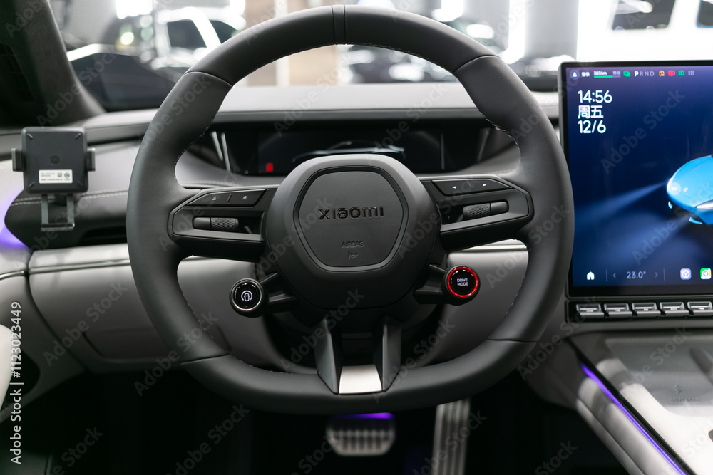 Xiaomi SU7 car from the China brand. Luxury car interior, steering ...