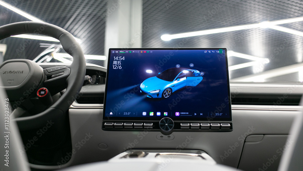Xiaomi SU7 car from the China brand. Luxury car interior, steering ...