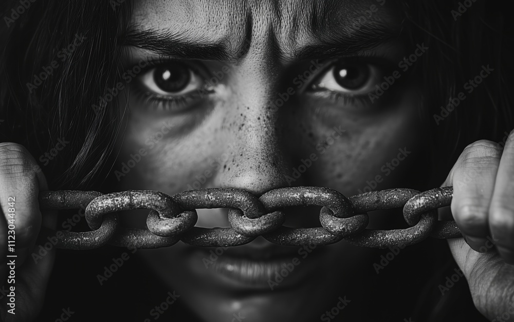 Monochrome portrait of a young woman with freckles, holding a chain ...