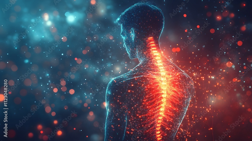 Depiction of the human neural system focusing on a glowing red spinal ...