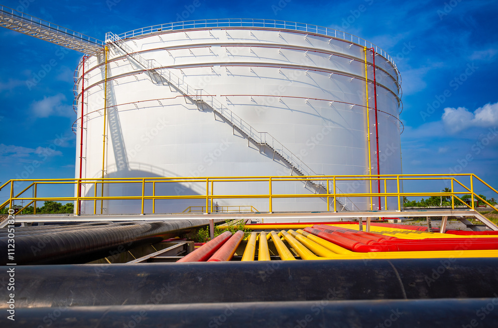 Large oil storage tank equipped with a fire extinguishing system. Stock ...