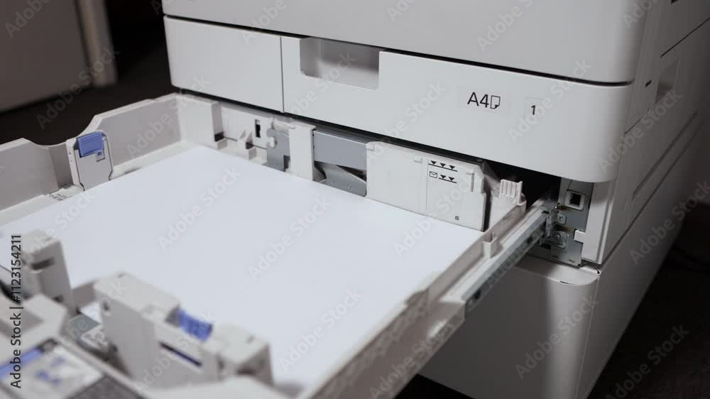 An office worker puts a stack of paper into the printer tray. A man's ...