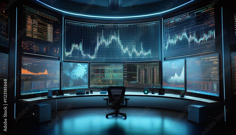 large monitor displaying complex stock market charts in a sleek trading ...