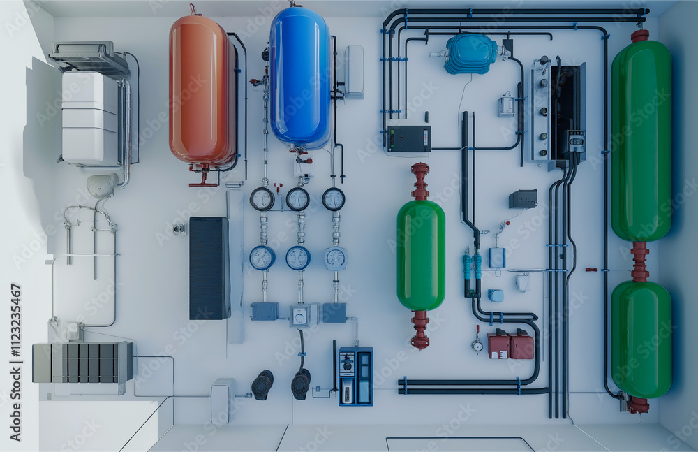 Overhead View of Water System with Blue Pipes, Green Tubes, Red Tanks ...