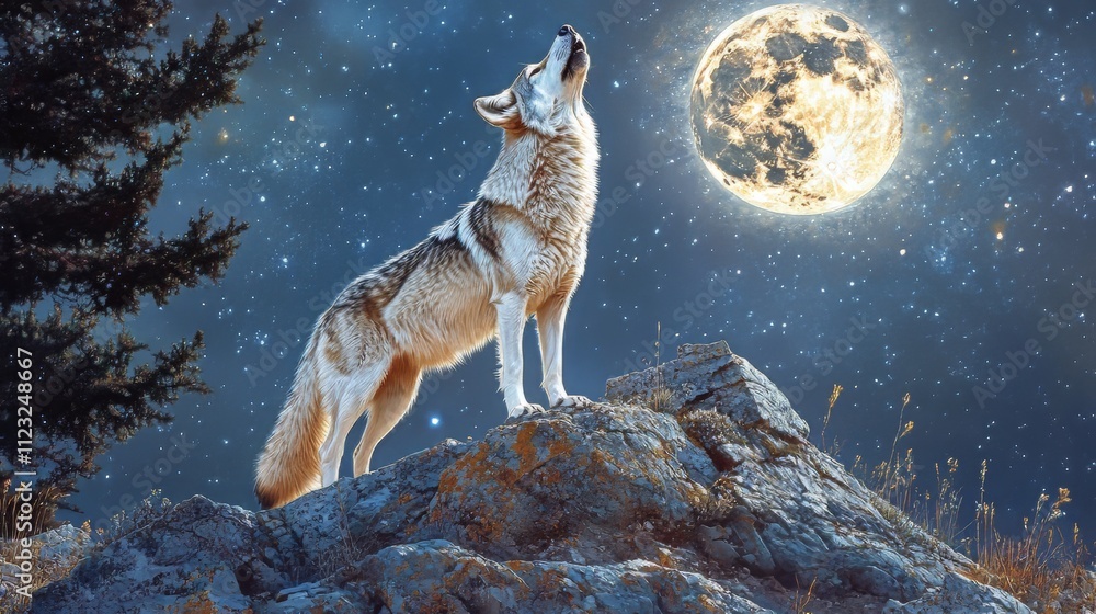 Lone wolf howling at the full moon in a starry night - a lone wolf stands on a rocky cliff ...