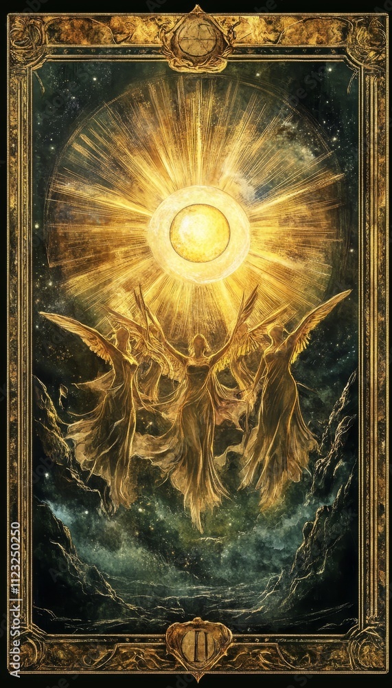 Judgement tarot card illuminated figures emerging in a golden frame ...
