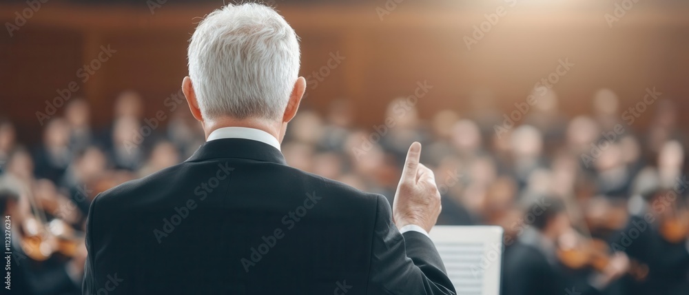 Classical orchestra conductor speaking commands, grand concert hall ...