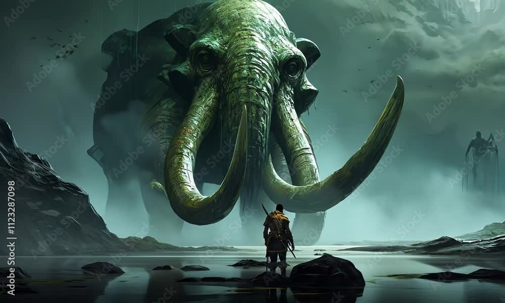 Lonely hero encounters a huge prehistoric mammoth in an ancient valley ...