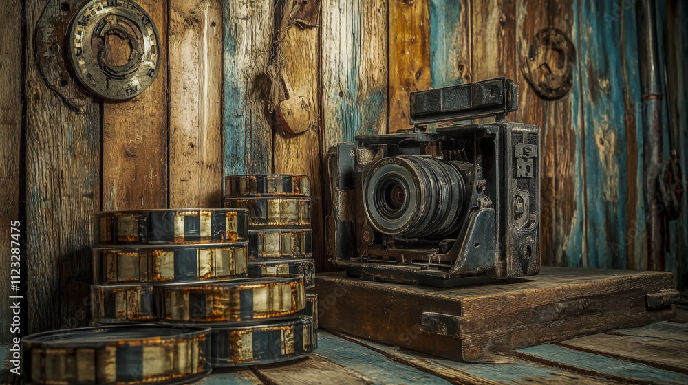 Vintage film reel with a long strip of film, displaying multiple frames ...