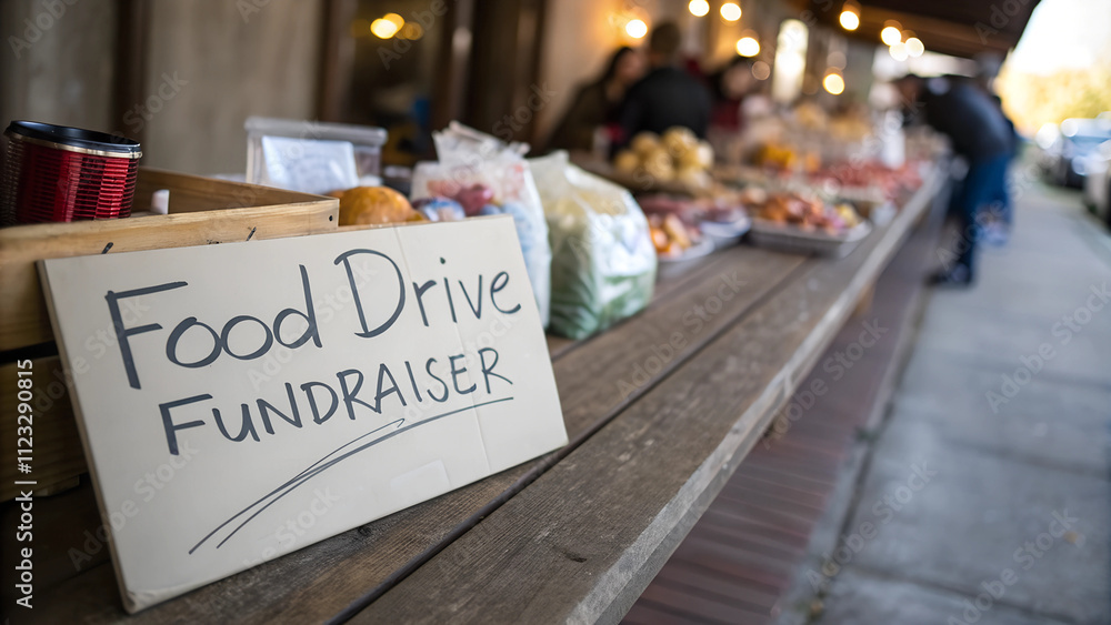 Food drive fundraiser sign at a community market with fresh produce and ...