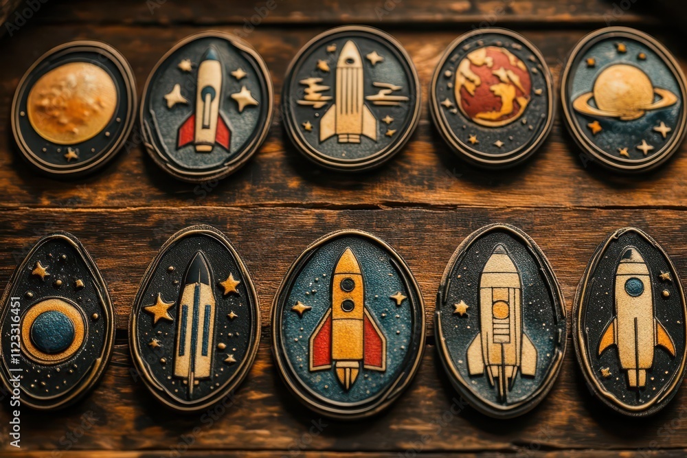 vintage space badges with retro designs featuring rockets and planets a ...