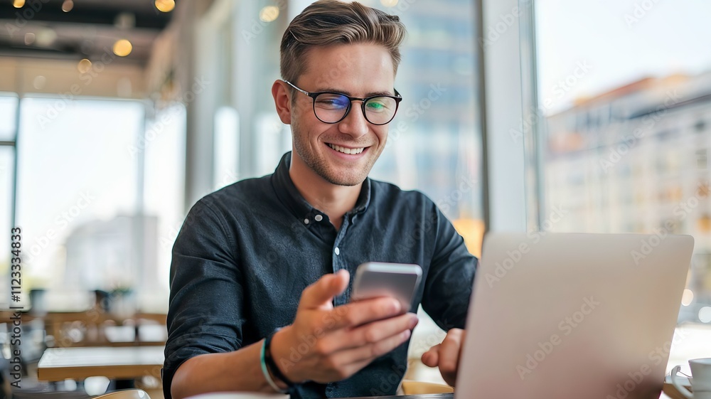 Using phone. A Young Man at Work" "Bright Smiles in a Modern Workspace ...