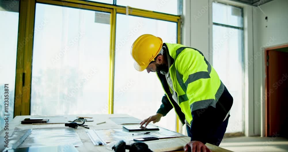 Man, architect and scroll on tablet for architecture schedule, review ...