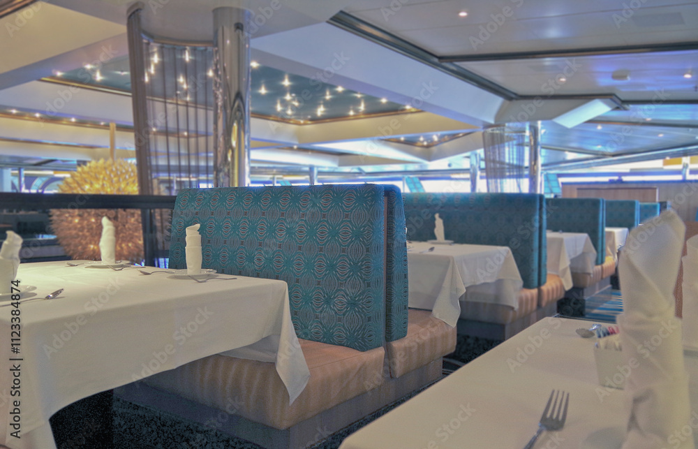 Formal and elegant ocean view Art Deco dining room restaurant onboard ...