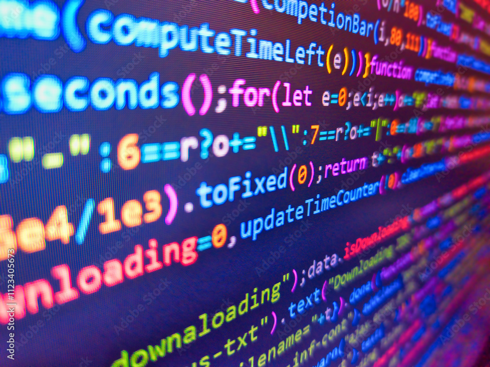Developer display with source code. Software background. Blue monitor ...
