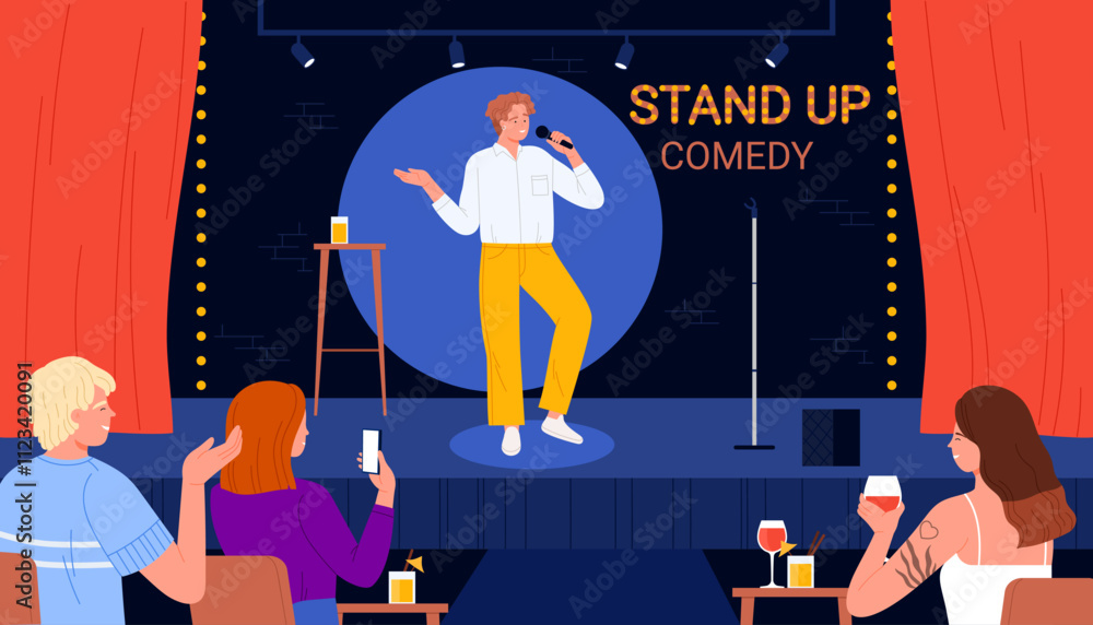 Stand up comedy show. Male talent comic with microphone standing on ...