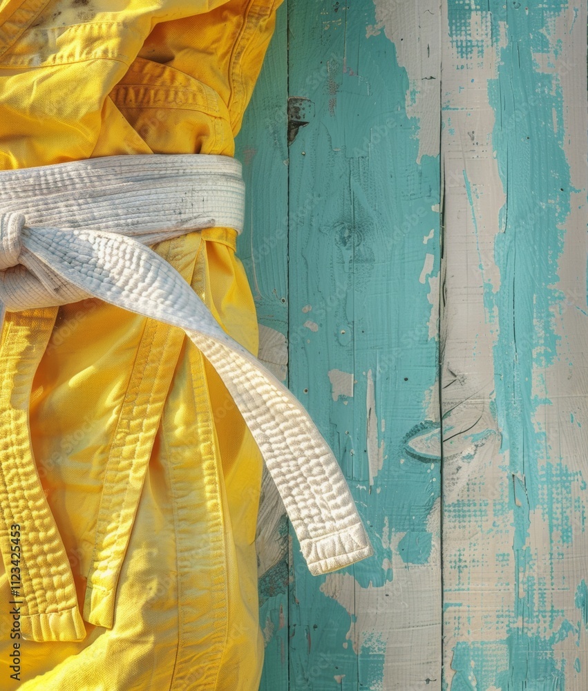 Earned stripes in martial arts, a close-up of a worn karate gi and belt ...