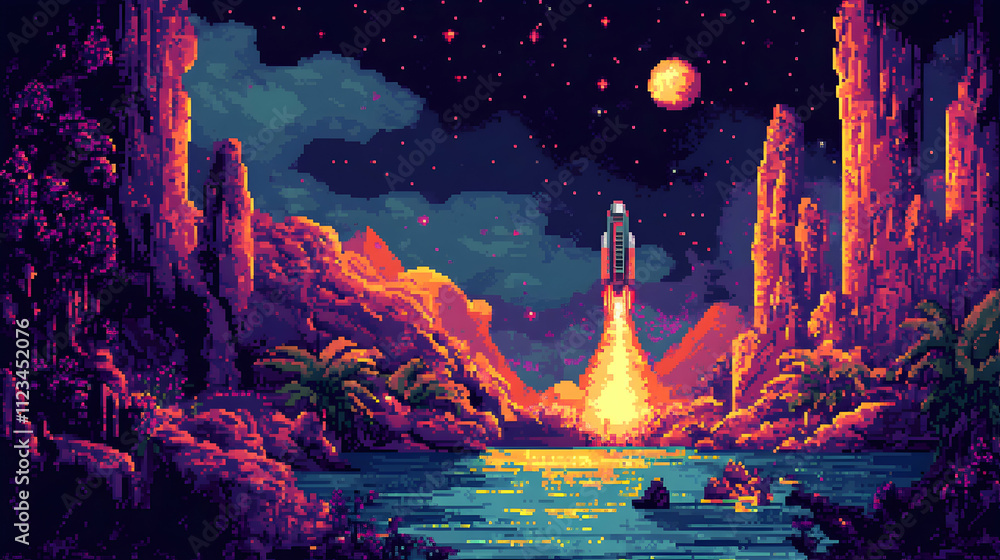 Retro pixel art space scene with planets, rockets, and stars ...